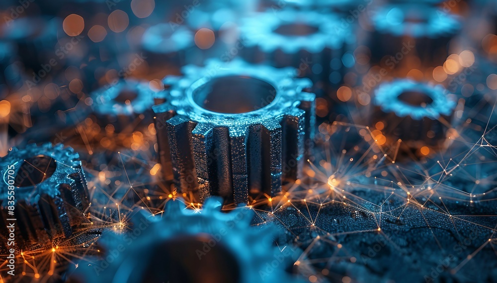 CRM Data Integration Network, interconnected gears representing different data sources and ...