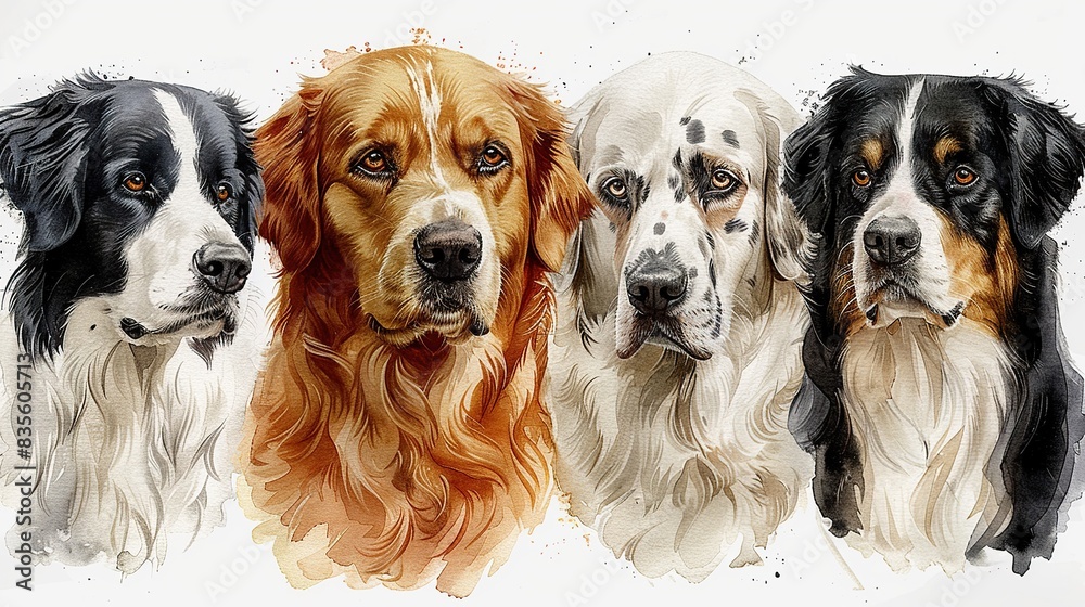 Aquarelle illustration of different dog breeds: Border Collie, Golden ...