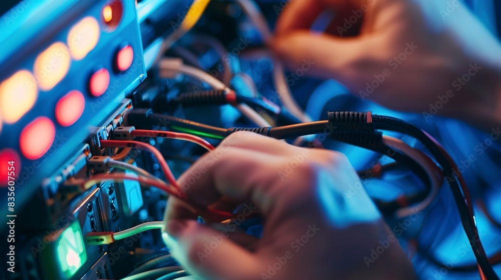 Hands adjusting wires in a telecom network patch panel, close-up ...