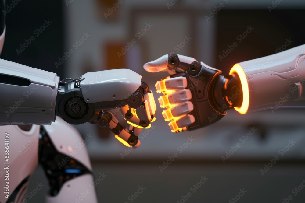 The glow captures a timeless moment of unity as a human and robot fist ...