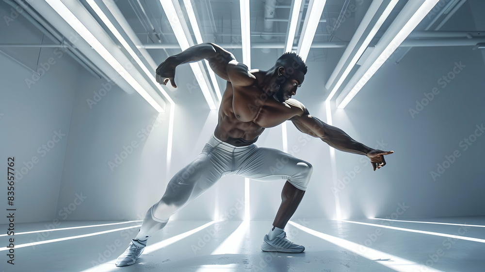 A fitness model showcasing athletic wear and performing a dynamic pose ...