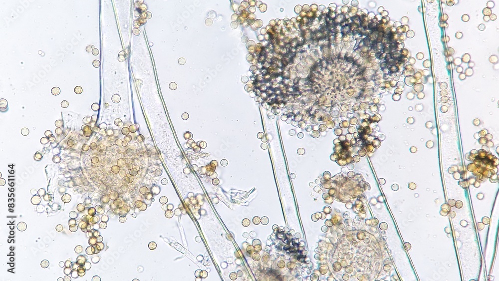 Mold species (Aspergillus sp) under microscope. Fresh sample whithout ...