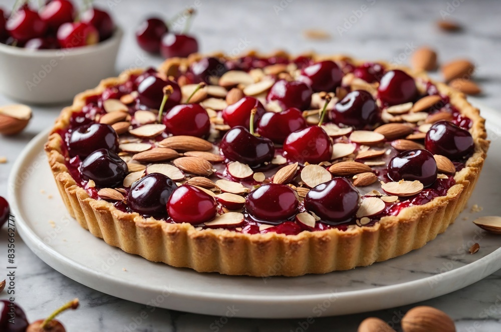 Cherry Almond Tart: a beautifully baked cherry almond tart on a marble ...