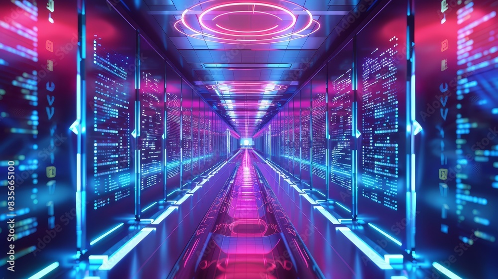 High-tech server room with glowing neon lights - This modern server ...