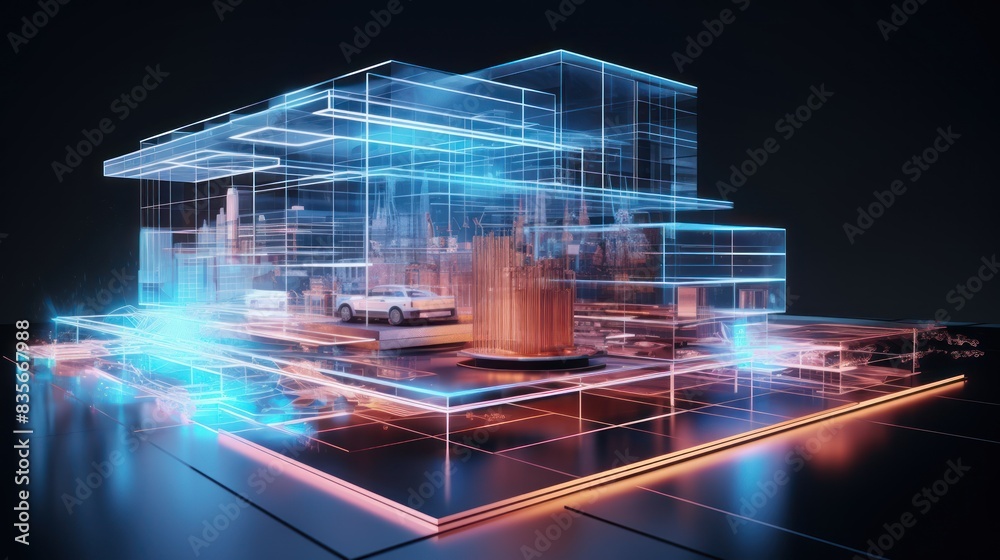 hologram, Sketch design and drafting of wireframe of building a modern ...