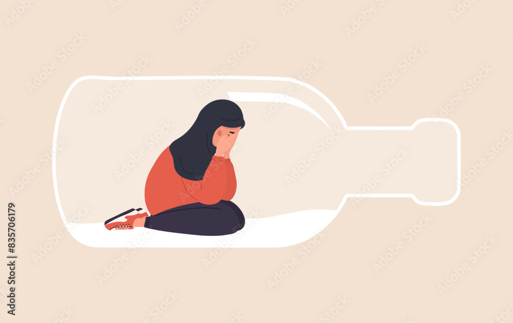 Alcoholism concept. Depressed arabian Woman sitting on bottom of bottle ...