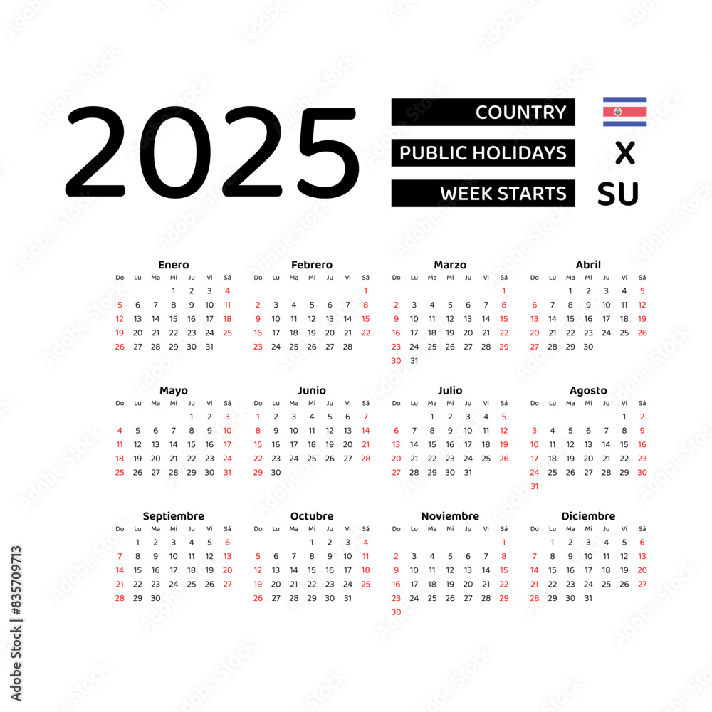 Costa Rica Calendar 2025. Week starts from Sunday. Vector graphic ...