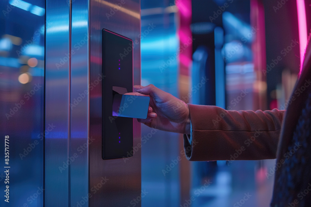 Hand holding smart card scanned by biometric reader, ensuring secure ...