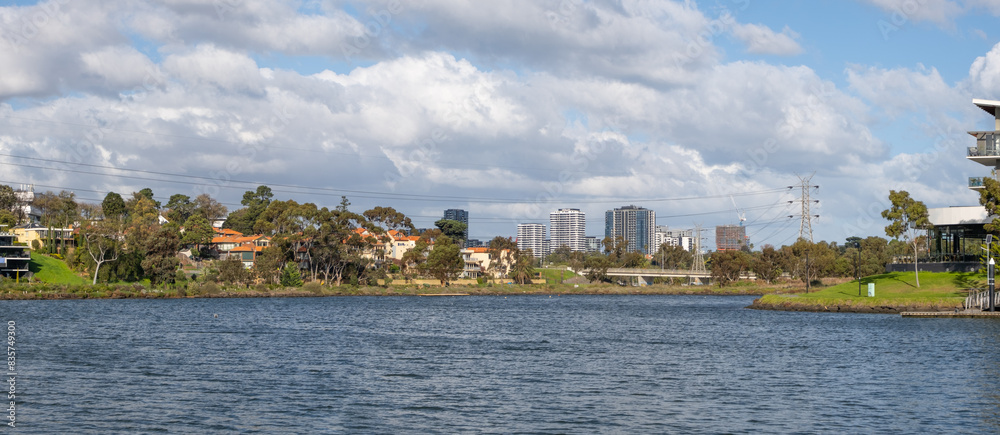 Panoramic background texture of urban landscape over Maribyrnong river ...