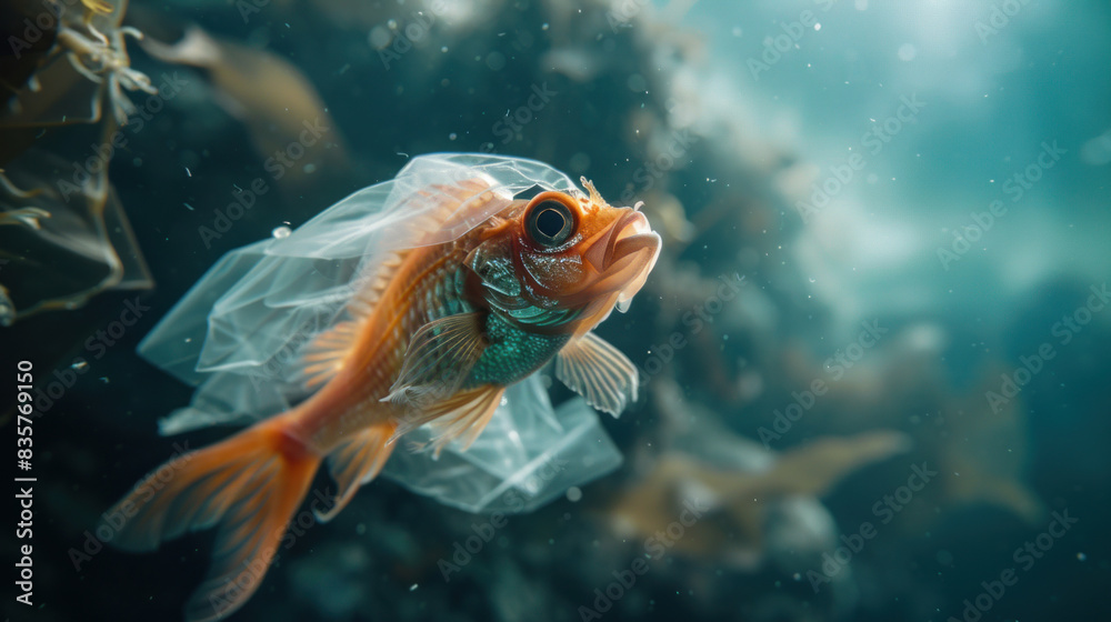 Plastic pollution in oceans harms marine life. This photo shows a fish ...