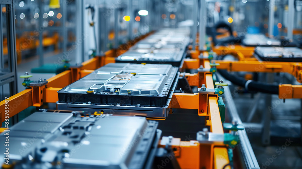Conveyor chains and conveyor belts are in the electric vehicle battery production line in an ...