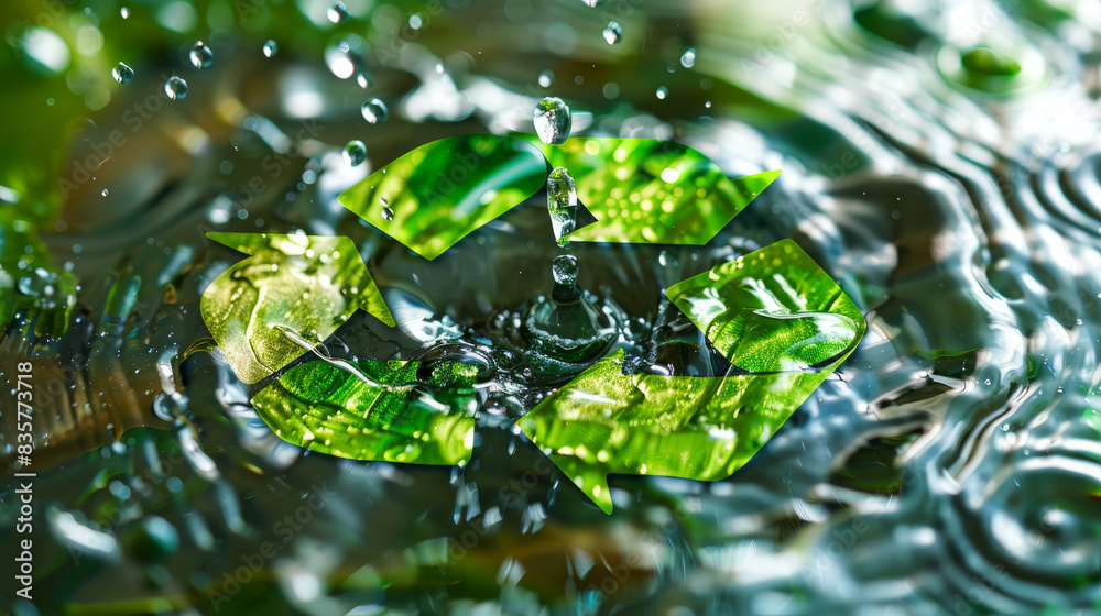 Water droplets form a recycling symbol, illustrating the importance of ...
