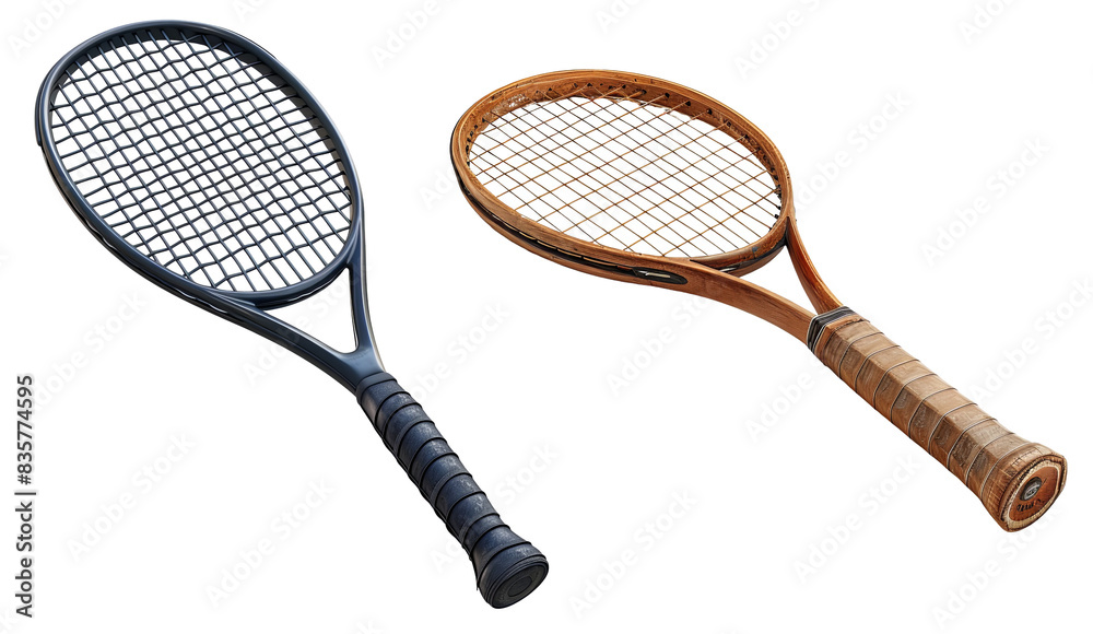 Vintage and modern tennis rackets isolated on white background ...