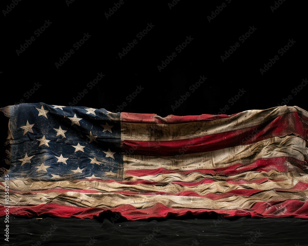 Worn and tattered American flag lying on a dark surface, showing signs ...