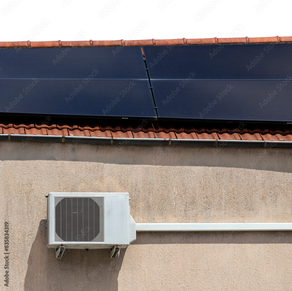 Air conditioning condenser and pipe line on the wall. Solar panels on ...