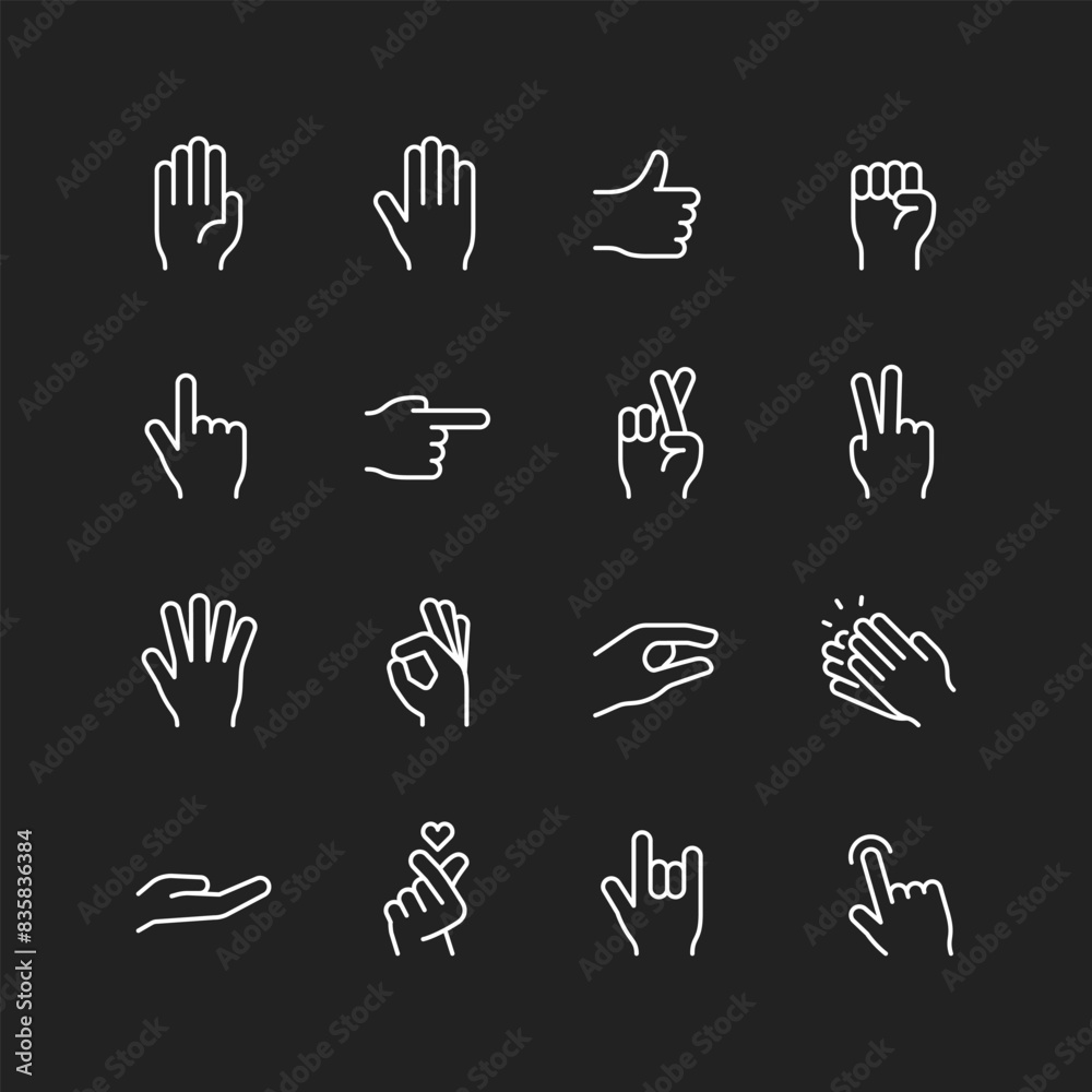 Hand gestures icon set, white lines on black background. Non-verbal ...