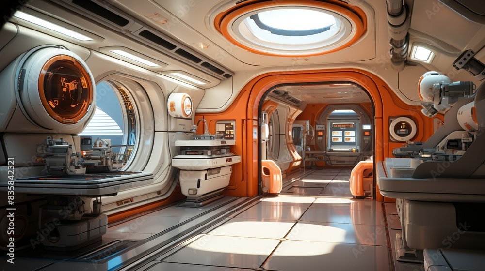 A cheerful space station scientist, setting up an experiment with a ...