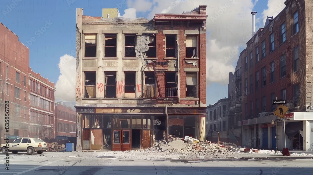 An animated GIF showing the transformation of a rundown building into a ...