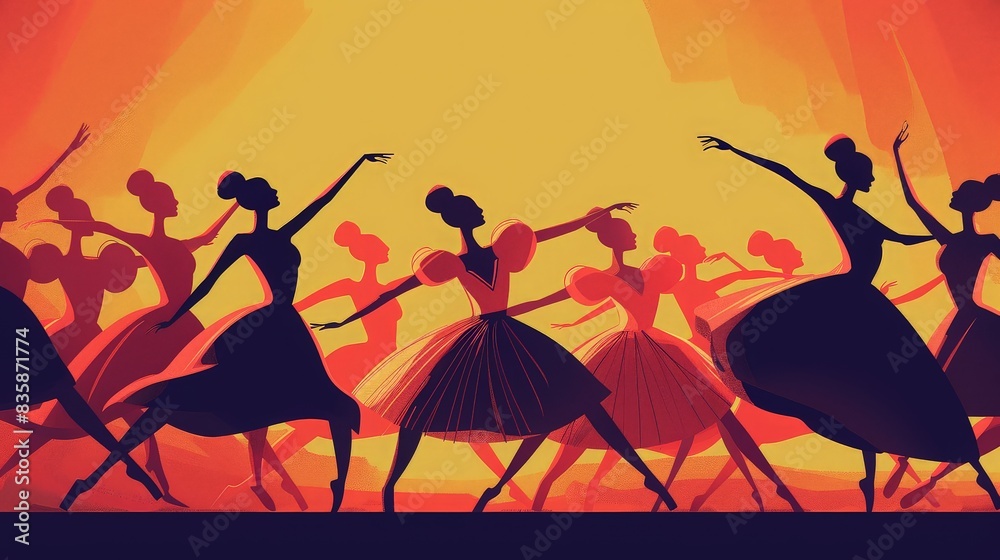 Stylized illustration of ballet dancers in elegant poses, silhouetted ...