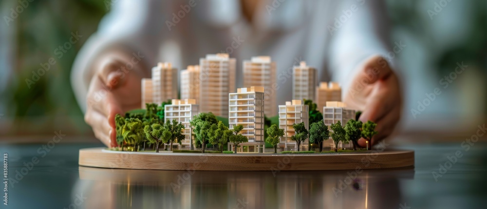 Hands holding a miniature model of a modern cityscape with buildings ...