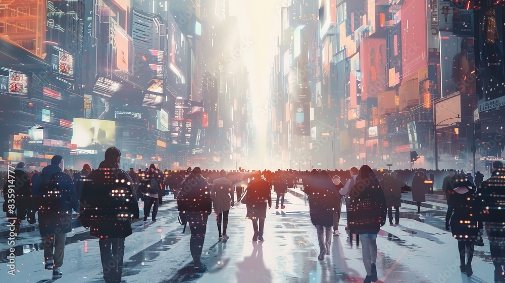 Futuristic concept showing crowd of people walking on city street ...