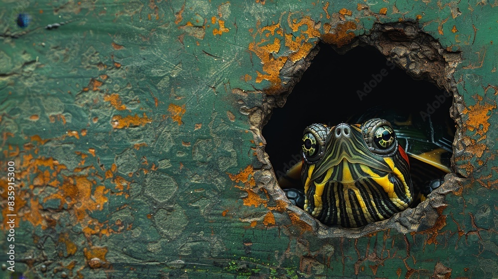 A closeup of a turtle peeking out of a hole in a rusty metal surface ...
