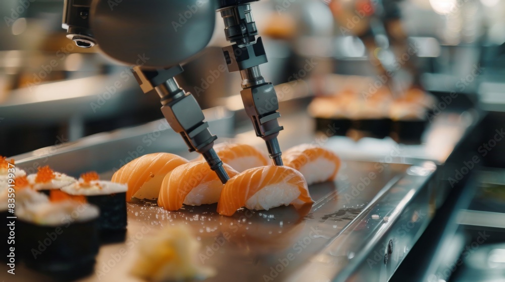 Robotic arms delicately assembling nigiri sushi, showcasing futuristic ...