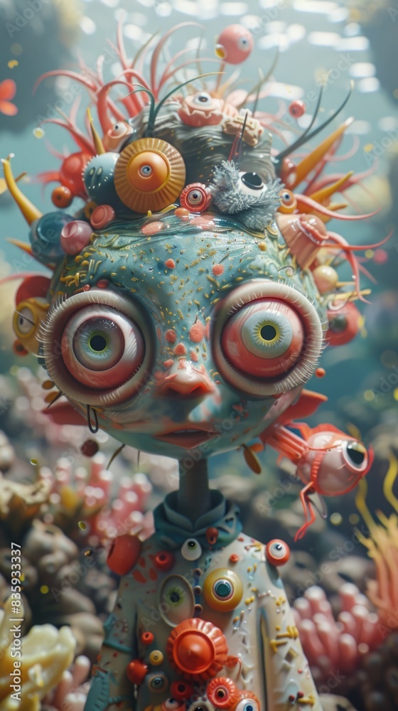 Dynamic 3D render exploring the aesthetic of lowbrow pop surrealism, with quirky characters ...
