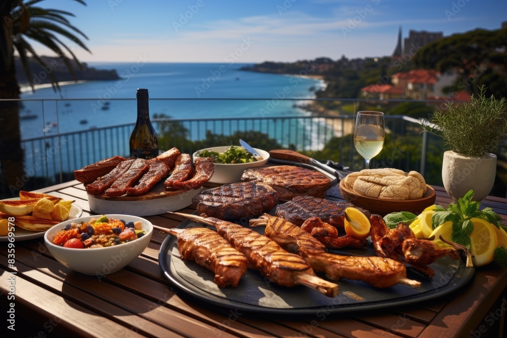 Australian barbecue spread on a coastal terrace with oceanfront village ...