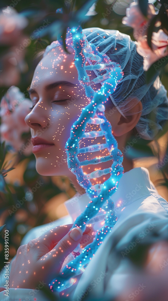 A woman scientist near 3d holographic dna double helix. Genetics and ...