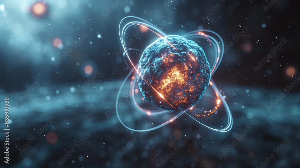 A glowing 3d model of blue atom with nucleus surrounded by orbital ...