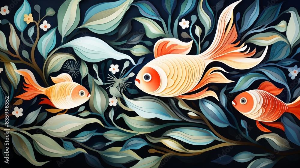 An abstract pattern of tropical fish swimming among coral reefs ...