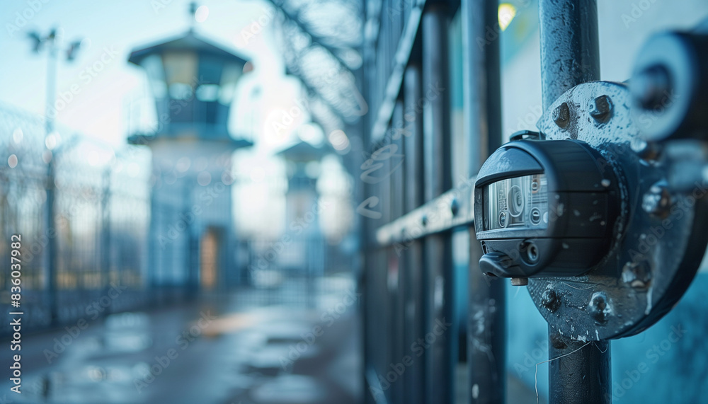 a detailed image of a prison's high-security gate with surveillance ...