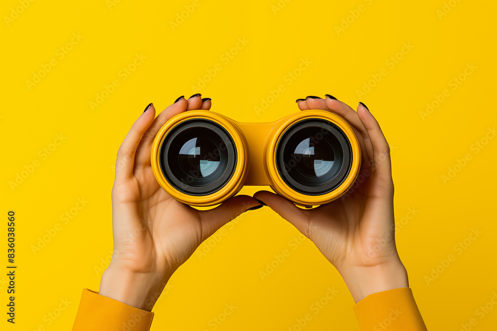 Female hands holding binoculars on a yellow background, representing ...