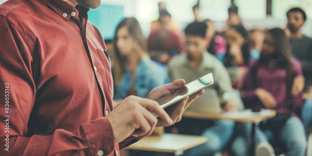 An instructor is engaging with students using a tablet during a class ...