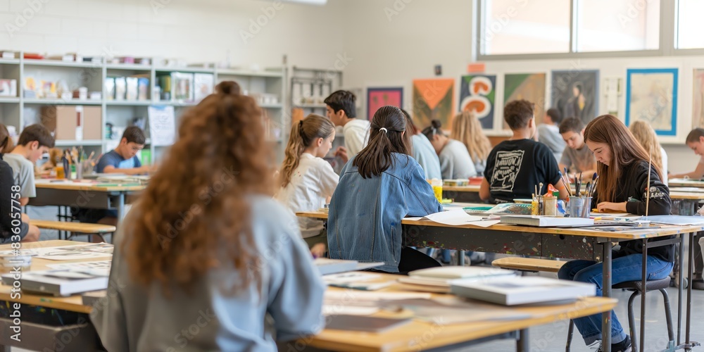 A high school art classroom full of teenage students working on their ...