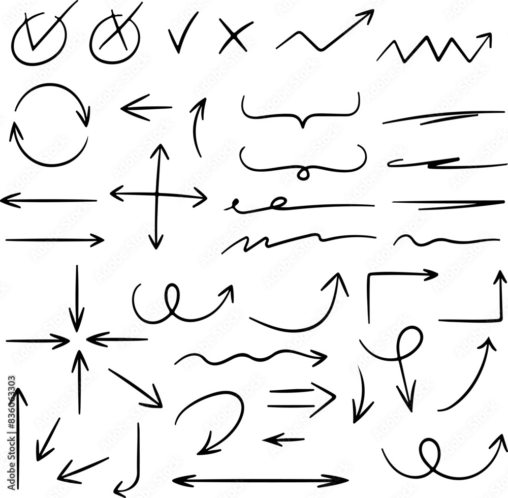 Icon set of hand drawn line frames pointers check mark arrows made via ...