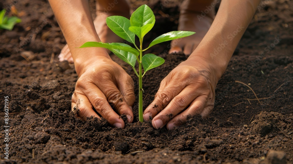 Hands planting a young sapling in soil, symbolizing growth, care for ...