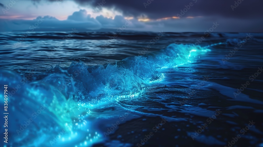 Image of bioluminescence in night sea tide wave blue light flashes and ...
