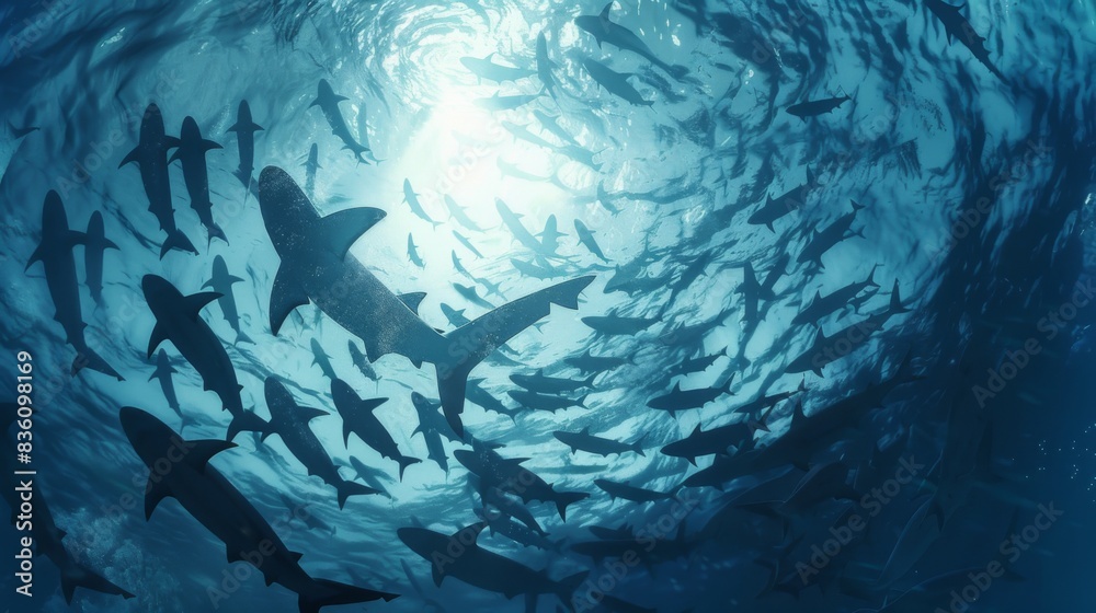 Sharks circling a bait ball in open ocean waters, illustrating their role as apex predators in ...