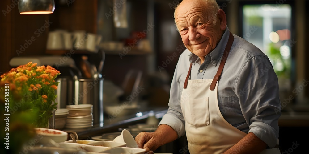 Elderly man in apron happily washing dishes in the kitchen. Concept ...
