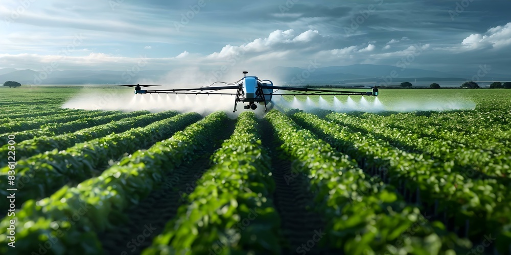 Drone spraying fertilizer on agricultural fields from above for ...