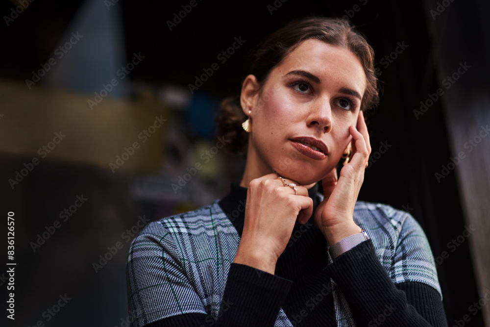 Thinking, depression and sad girl in city for mistake, worry or ...