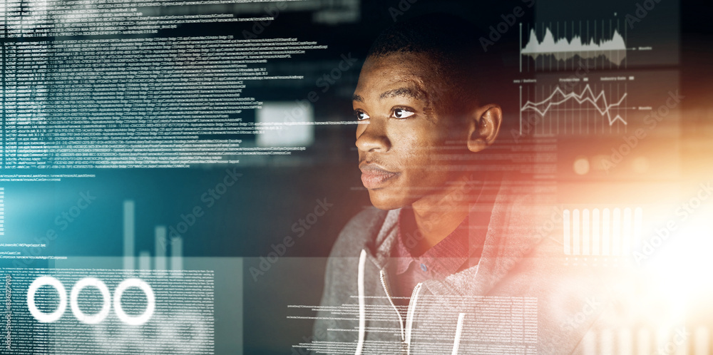 Man, web developer and coding overlay with statistics for fintech app, reporting and chart ...