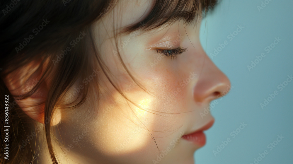 Side view of teen girl's face with sunlight on a light blue background ...