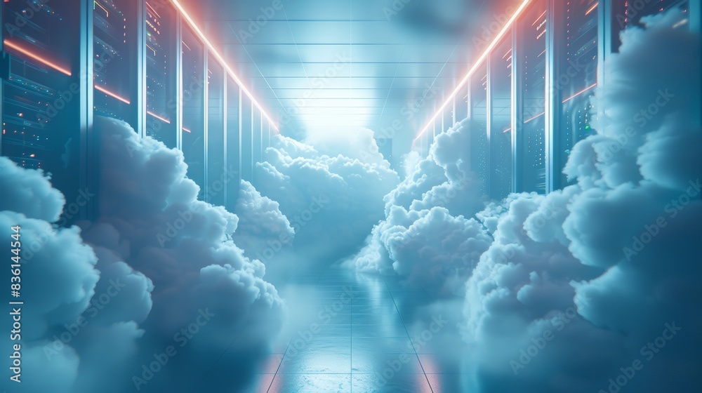 A technical 3D rendering of a server room with clouds integrated into the infrastructure ...