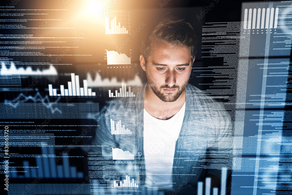 Man, web design and overlay for coding software, statistics and fintech or ecommerce with lens ...