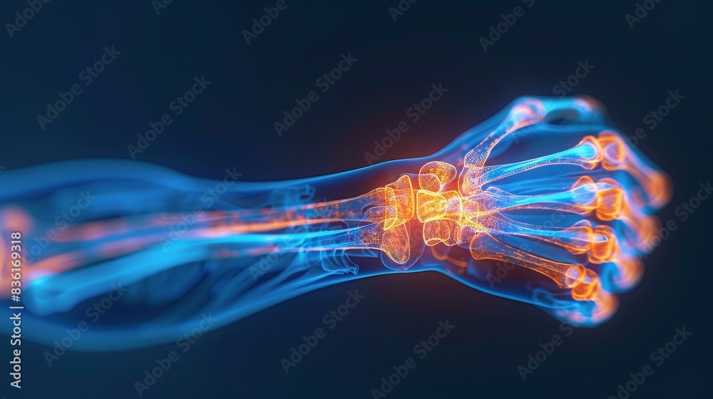 Explore a 3D X-ray of a bent wrist joint with an illustration of ...