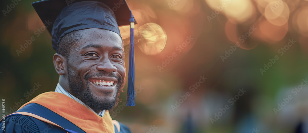 An African graduate with a heartfelt smile stands proud in his cap ...