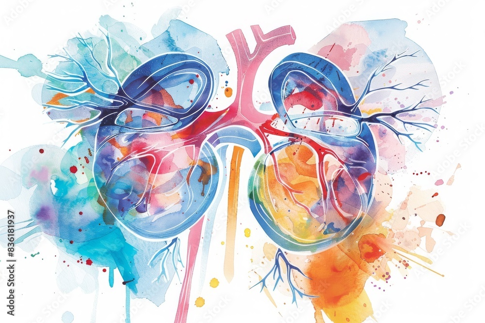 Colorful watercolor illustration of human kidneys with anatomical ...